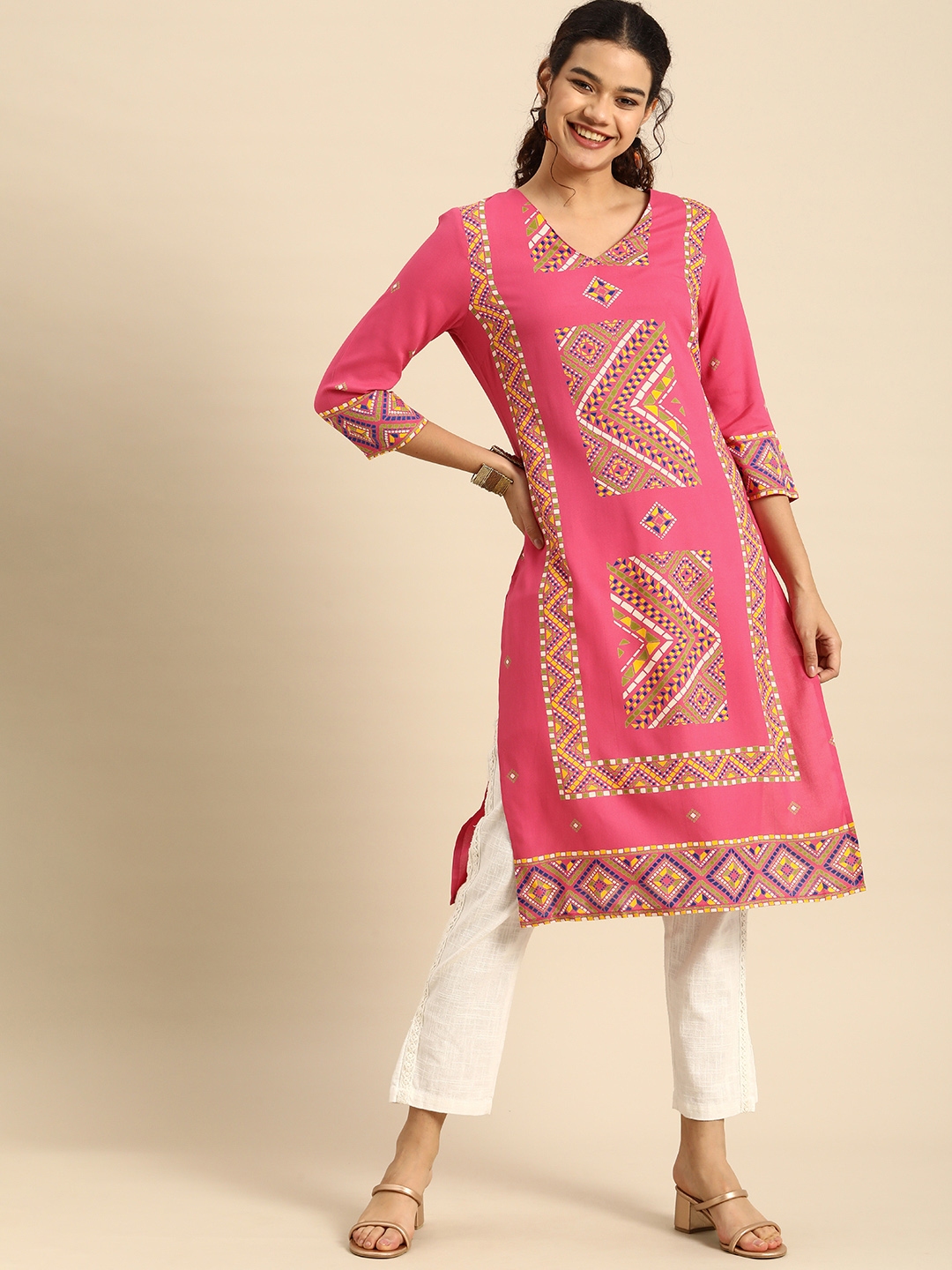 Buy Anouk Women Pink And White Geometric Printed V Neck Pure Cotton Kurta
