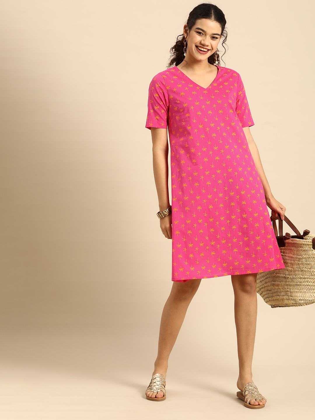 Buy Anouk Pink And Yellow Floral Tropical Printed A Line Dress Ethnic