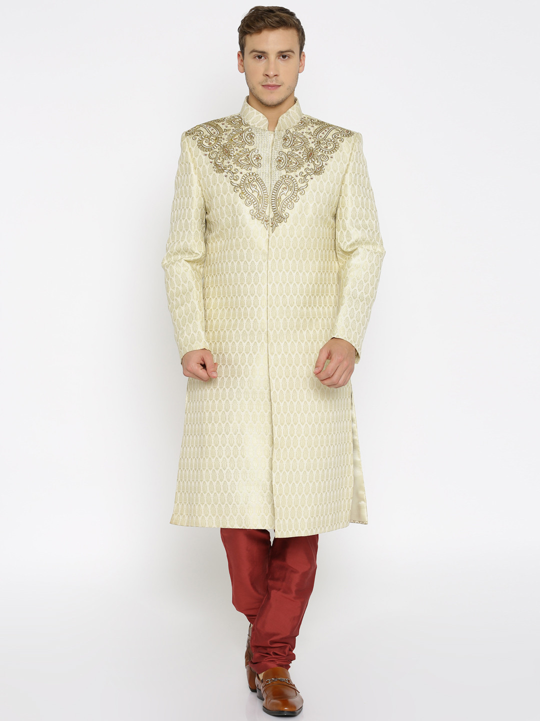 Buy Raymond Ethnix Cream Coloured & Maroon Sherwani - Sherwani for Men ...