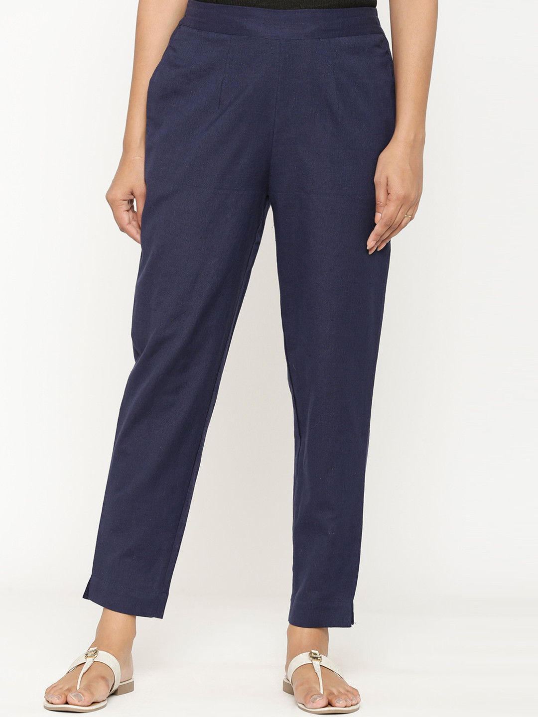 Buy Fusion Threads Women Navy Blue Classic Pleated Trousers - Trousers ...