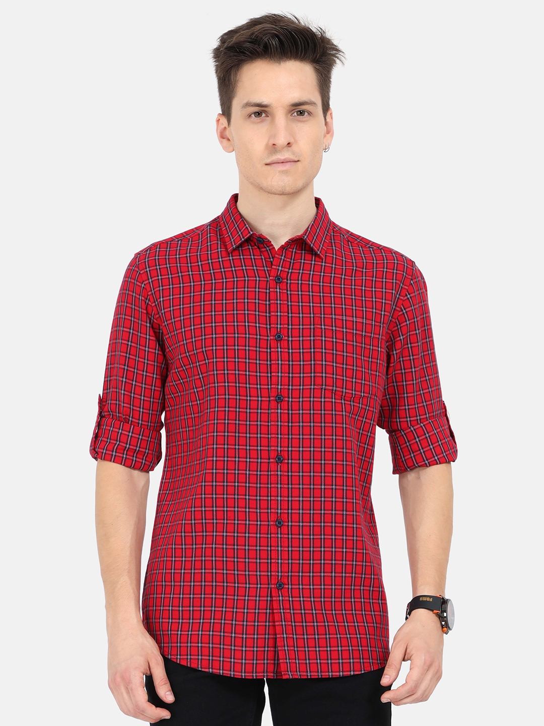Buy Hereandnow Men Red Slim Fit Opaque Checked Casual Shirt Shirts For