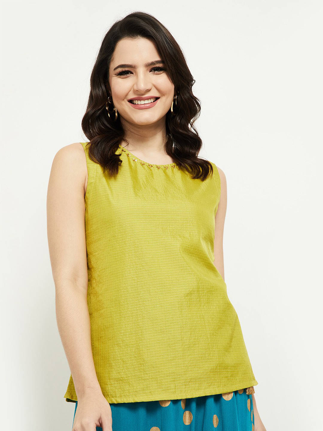 Buy Max Lime Green Striped Sequin Detail Regular Top - Tops for Women ...