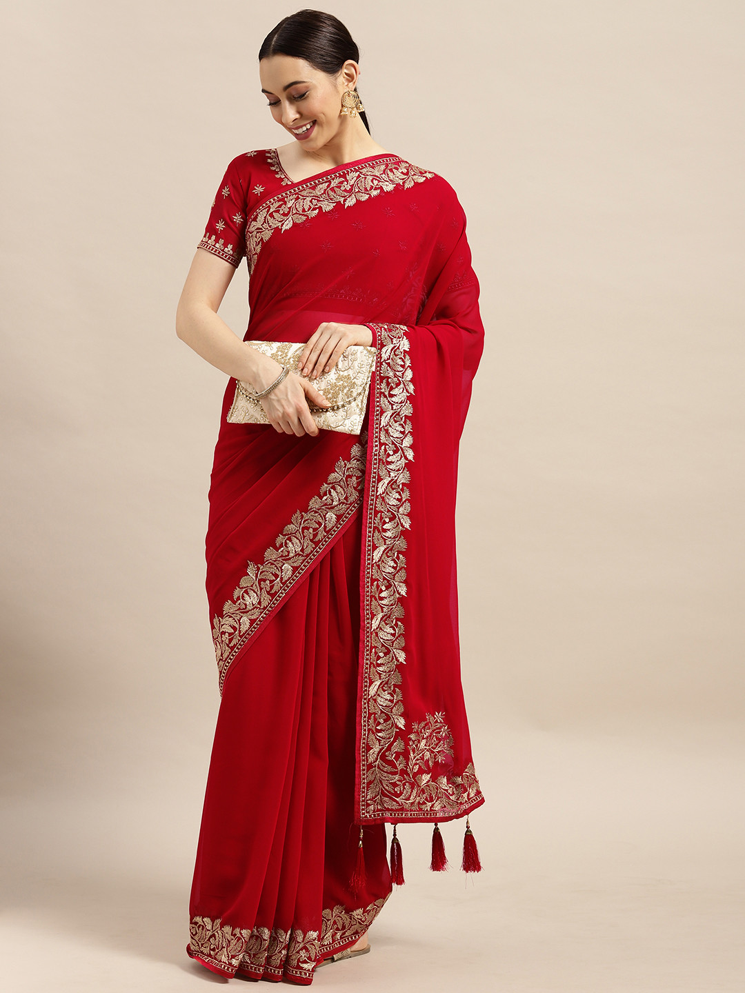 Buy Saree Mall Red Saree With Embroidered Border - Sarees for Women ...