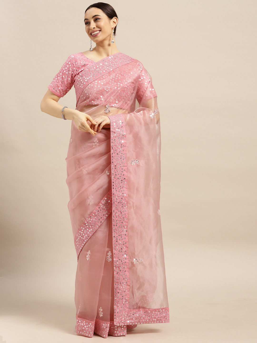 Buy Saree Mall Pink Embellished Sequinned Organza Saree - Sarees for ...