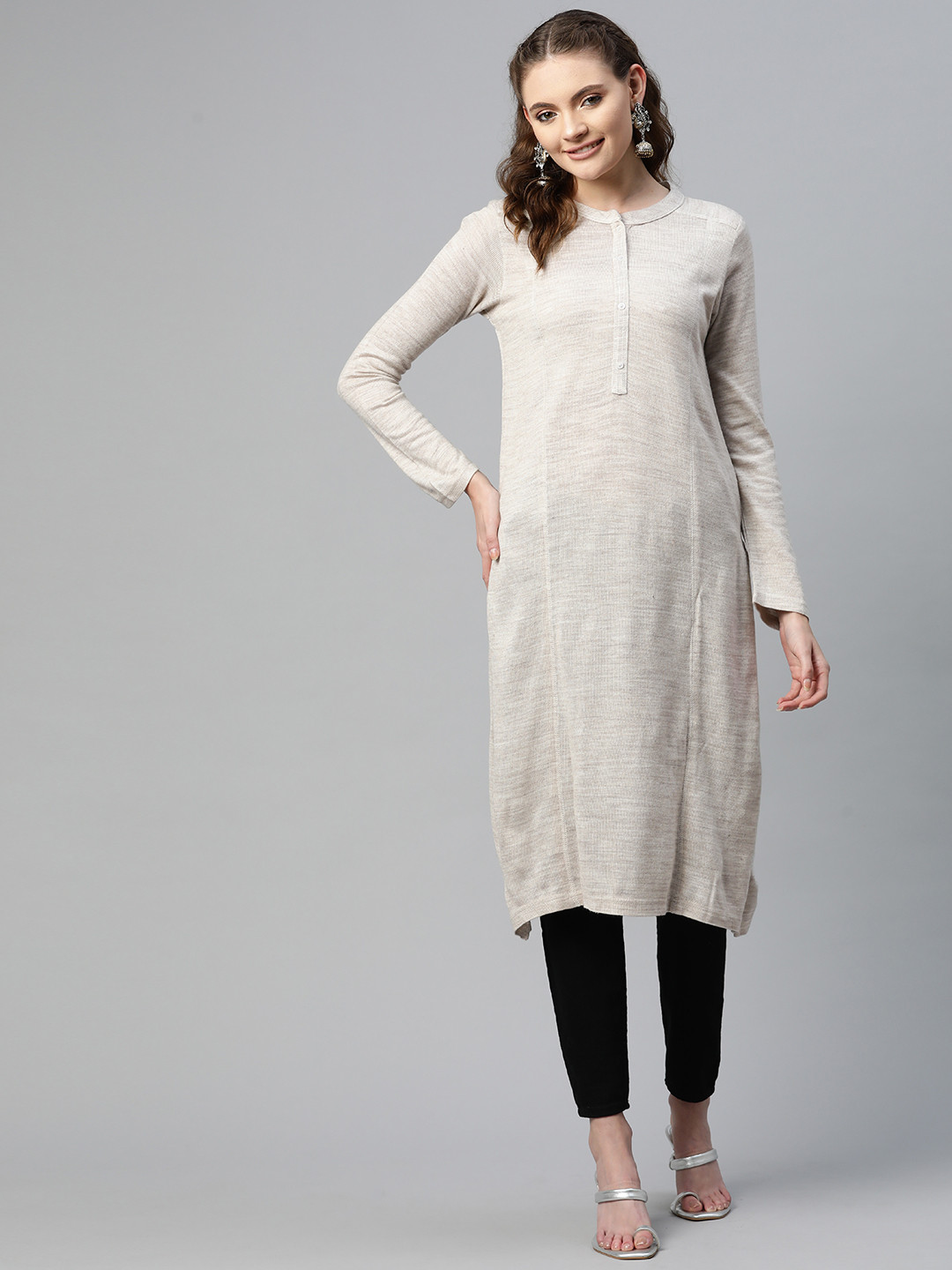Buy AURELIA Women Grey Melange Solid Winter Kurta - Kurtas for Women ...