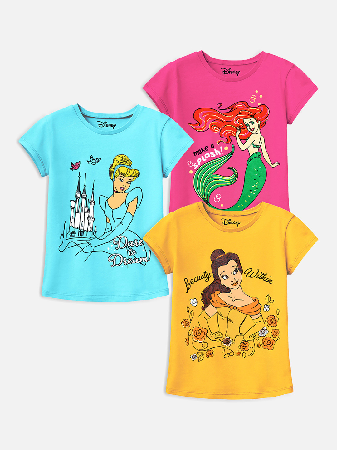 Buy YK Disney Girls Pack Of 3 Disney Princess Printed T Shirts ...