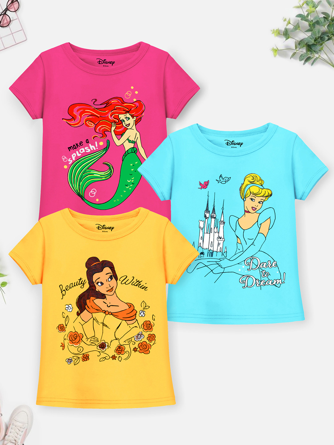 Buy YK Disney Girls Pack Of 3 Disney Princess Printed T Shirts ...