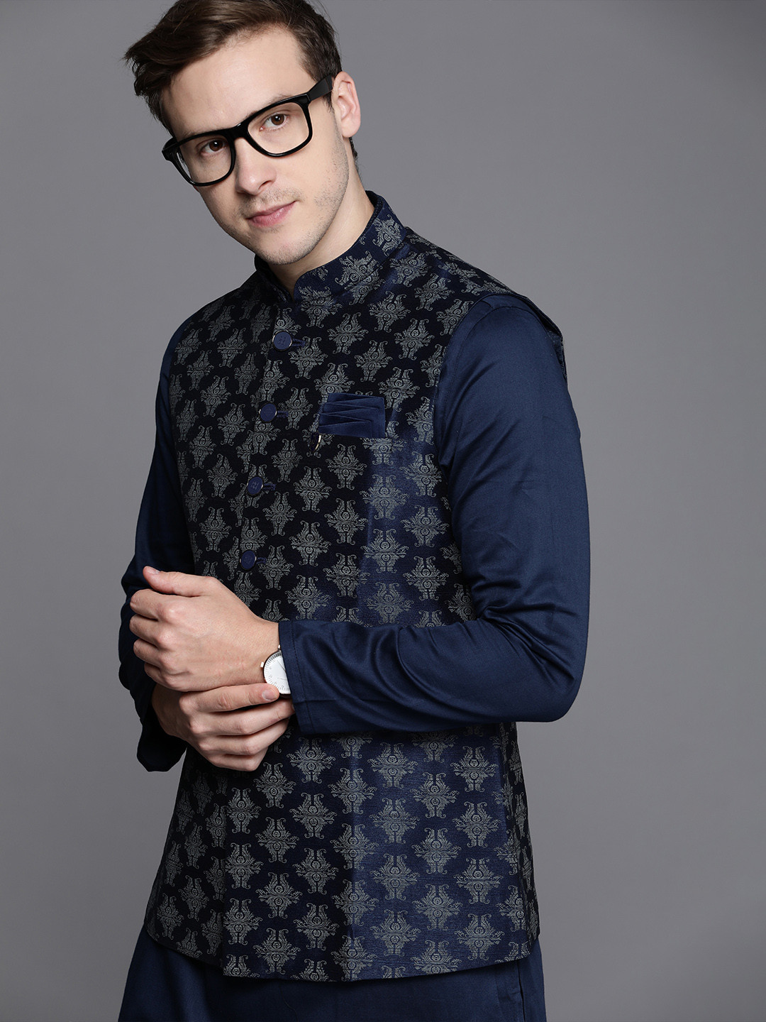 Buy Manyavar Men Navy Blue Art Silk Printed Nehru Jacket - Nehru ...