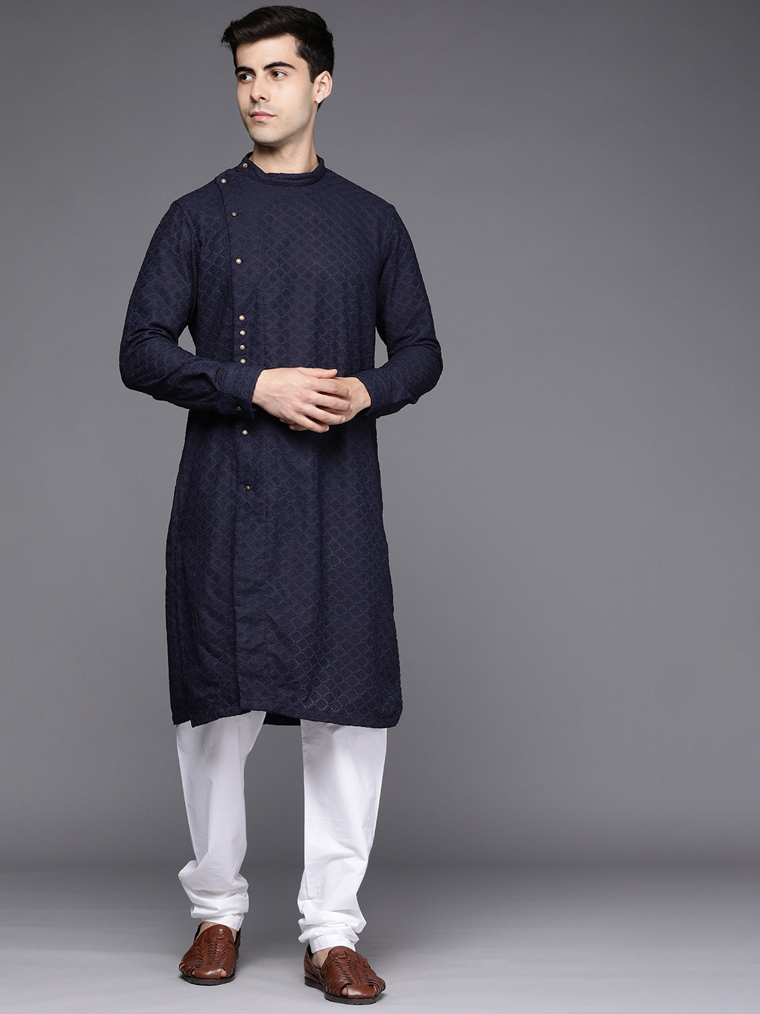 Buy Manyavar Men Navy Blue Embroidered Angrakha Kurta With Churidar ...