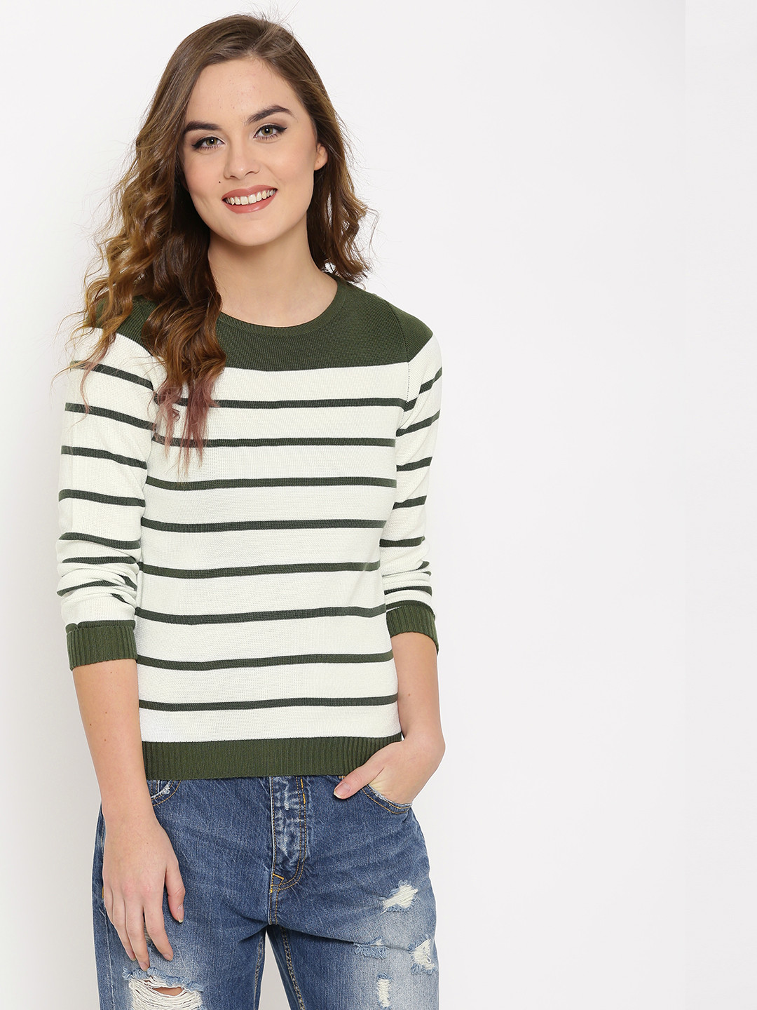Buy FOREVER 21 Women Cream Coloured & Olive Green Striped Sweater ...