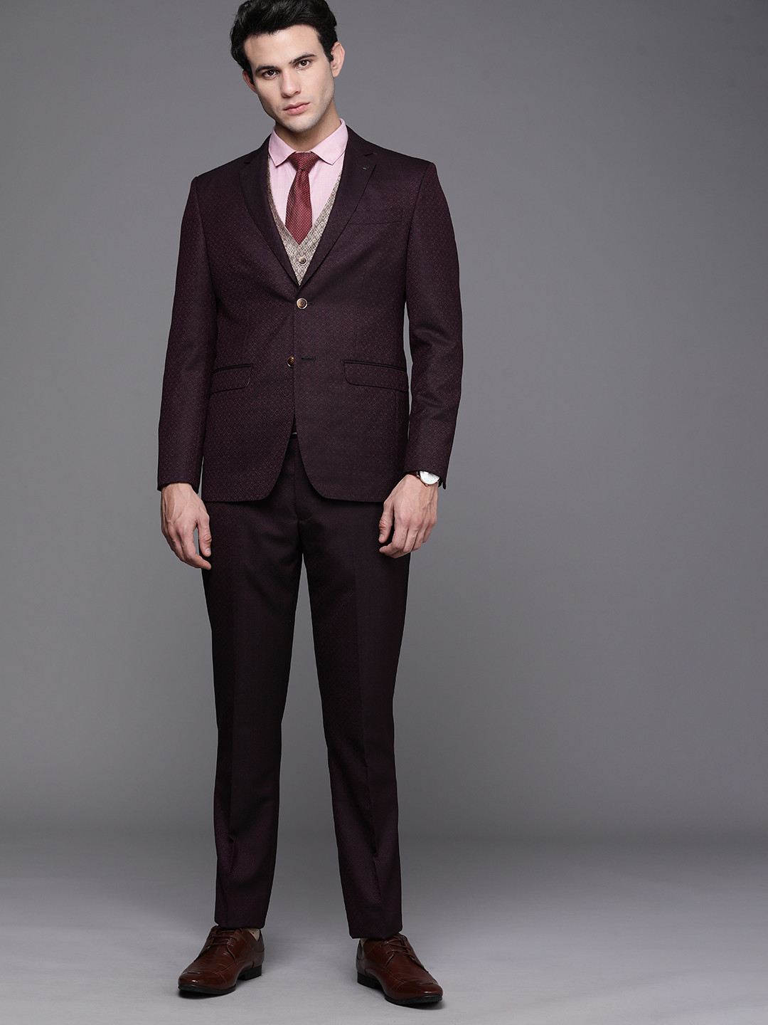 Buy Louis Philippe Gods & Kings Men Maroon Self Design Slim Fit Single ...