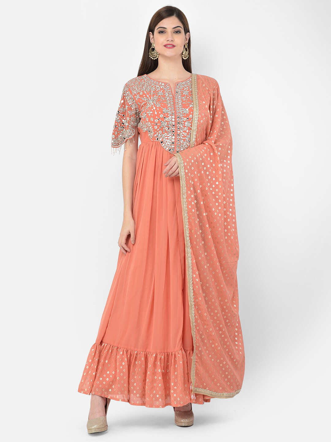 Buy Neerus Rust Floral Georgette Ethnic Maxi Dress - Ethnic Dresses for ...