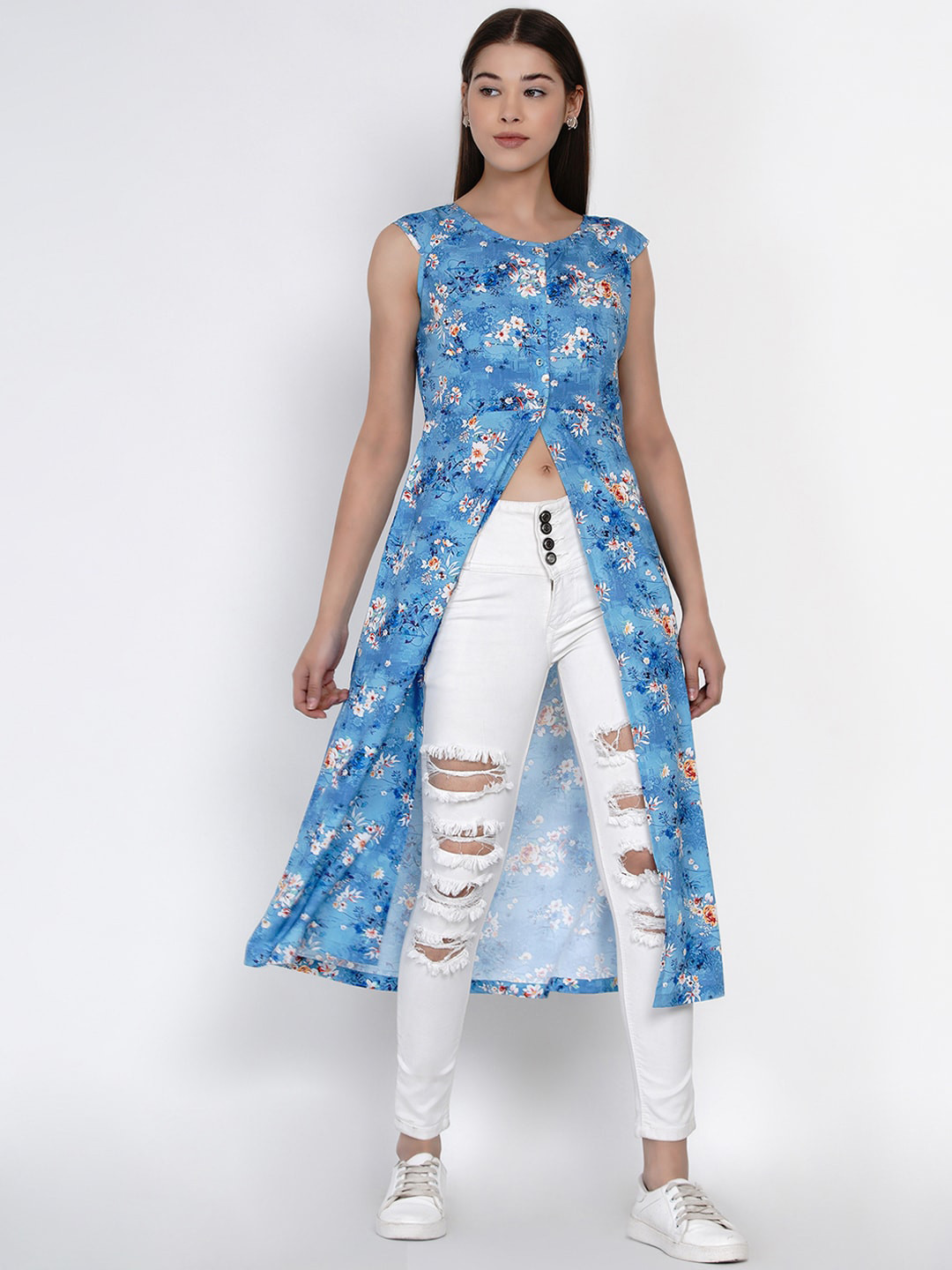 Buy Texco Blue Floral Front Slit Maxi Longline Top - Tops for Women ...