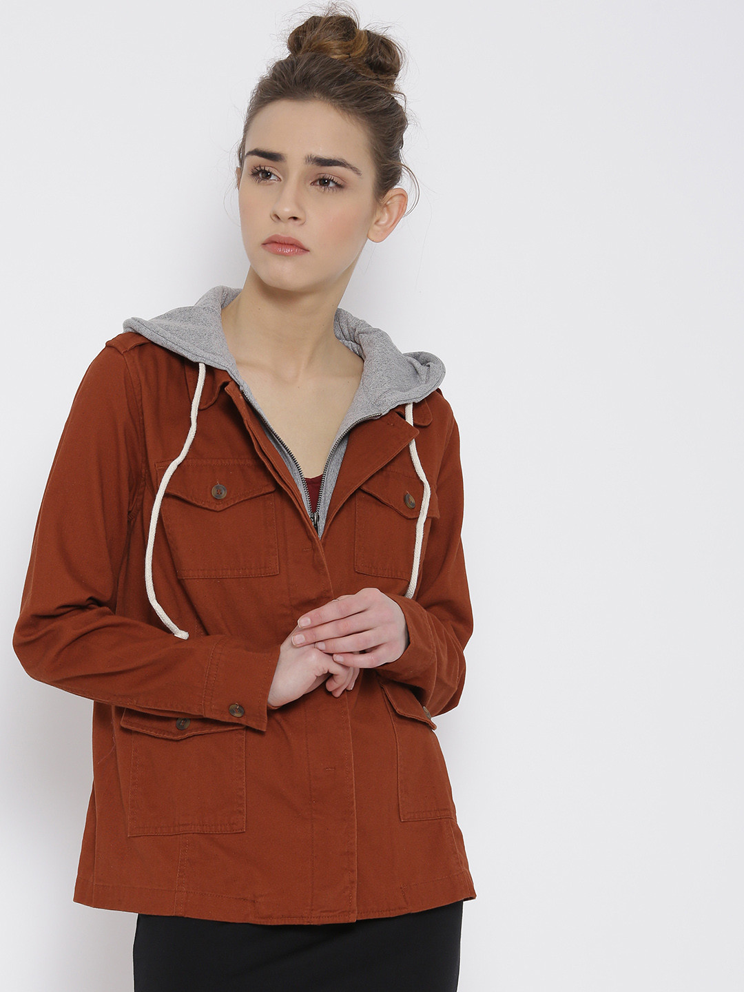 Buy FOREVER 21 Rust Orange Hooded Denim Jacket - Jackets for Women ...