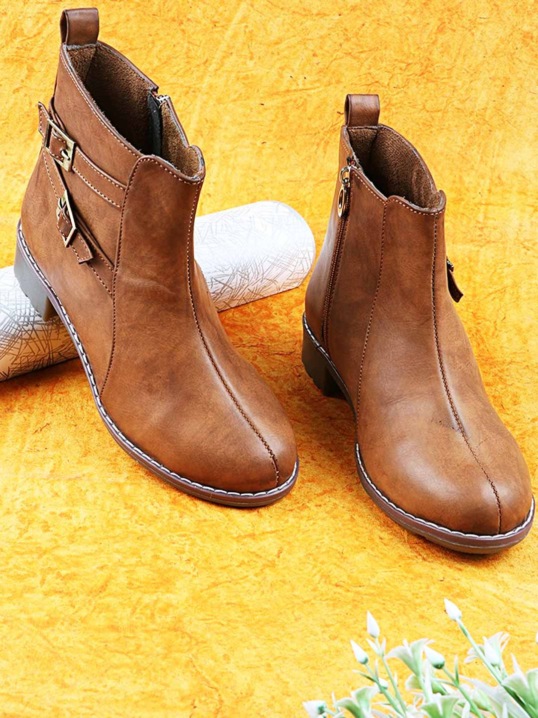 Buy Shoetopia Tan Block Heeled Boots With Buckles - Boots for Women ...