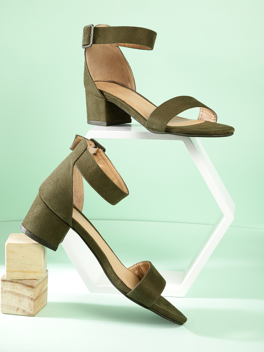 Buy Mast & Harbour Women Olive Green Solid Mid Top Block Heels - Heels ...