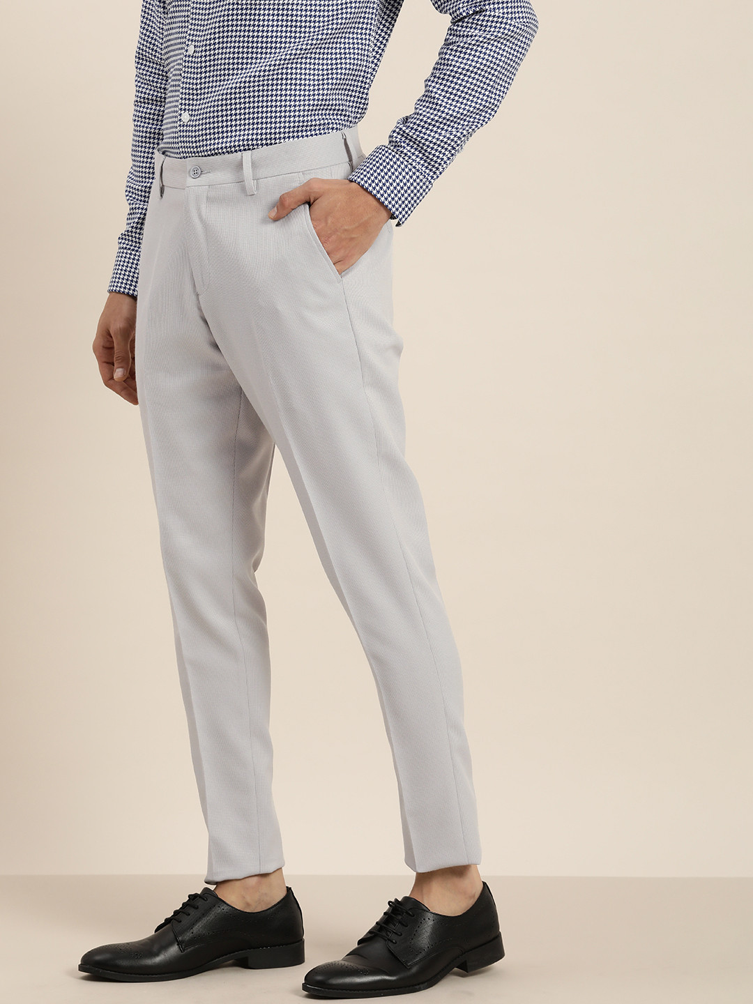 Buy INVICTUS Men Grey Textured Slim Fit Trousers - Trousers for Men ...