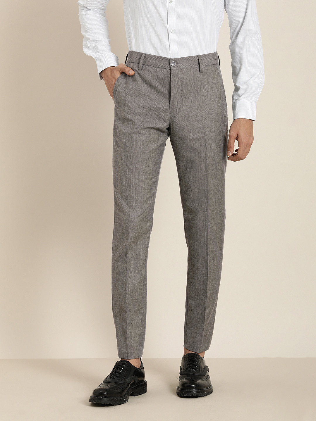 Buy INVICTUS Men Grey Textured Slim Fit Trousers - Trousers for Men ...