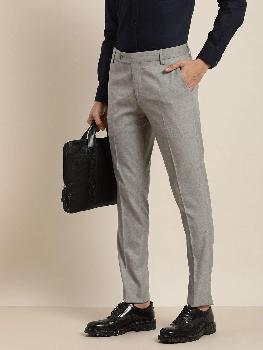 Buy INVICTUS Men Grey Solid Regular Fit Formal Trousers - Trousers for ...
