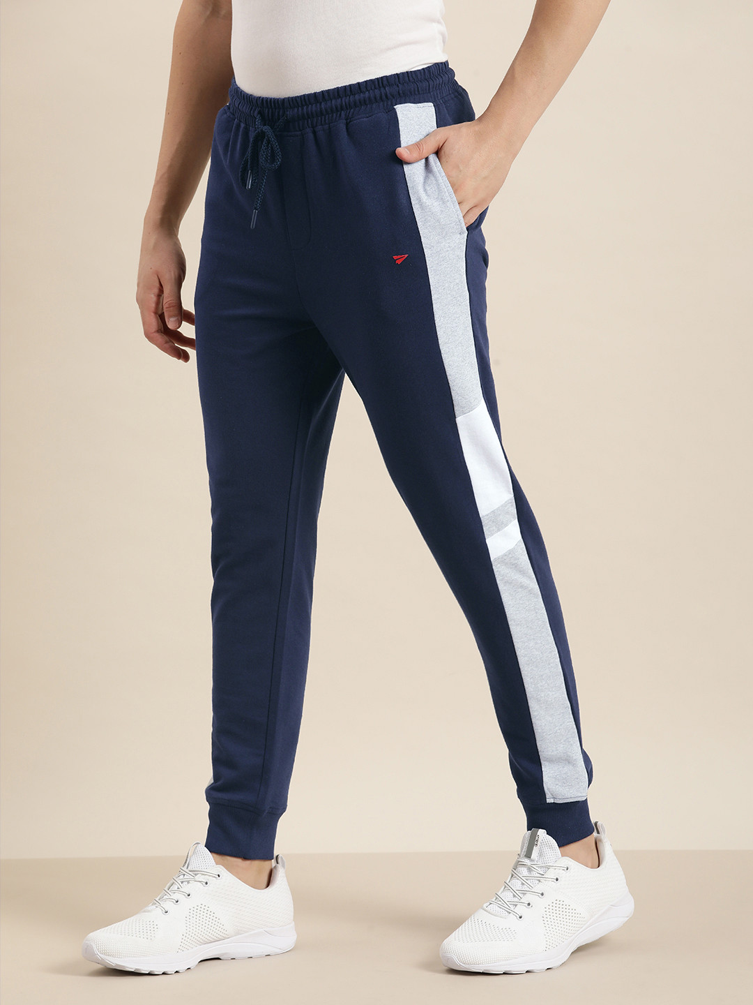 Buy Invictus Indoor Men Navy Blue & Grey Side Striped Mid Rise Joggers ...