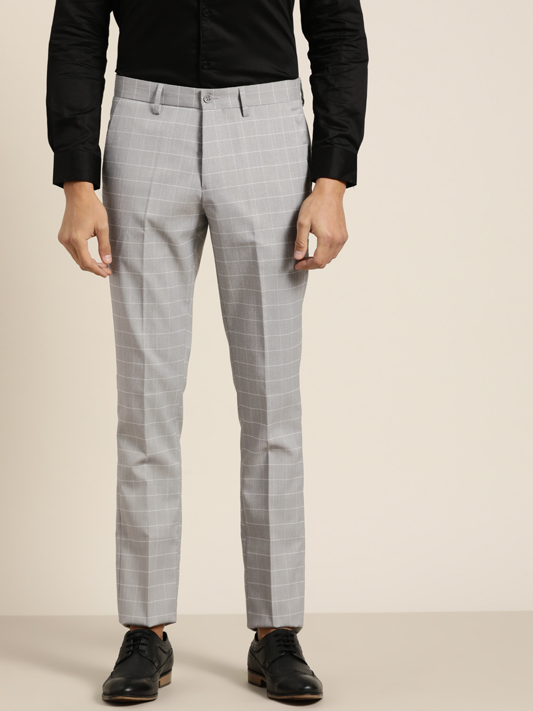 Buy INVICTUS Men Grey Checked Slim Fit Formal Trousers - Trousers for ...