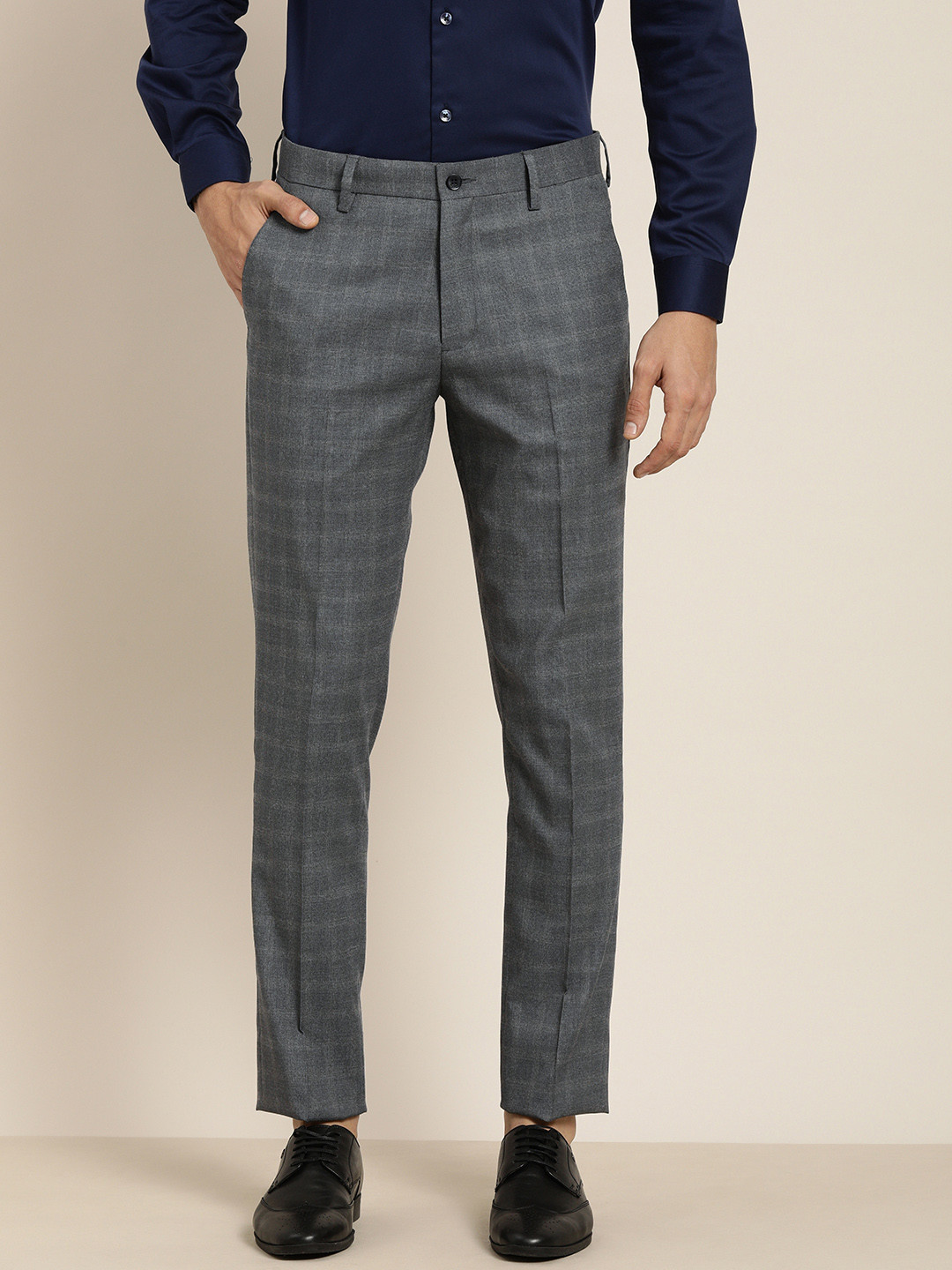 Buy INVICTUS Men Grey Slim Fit Pleated Trousers - Trousers for Men ...