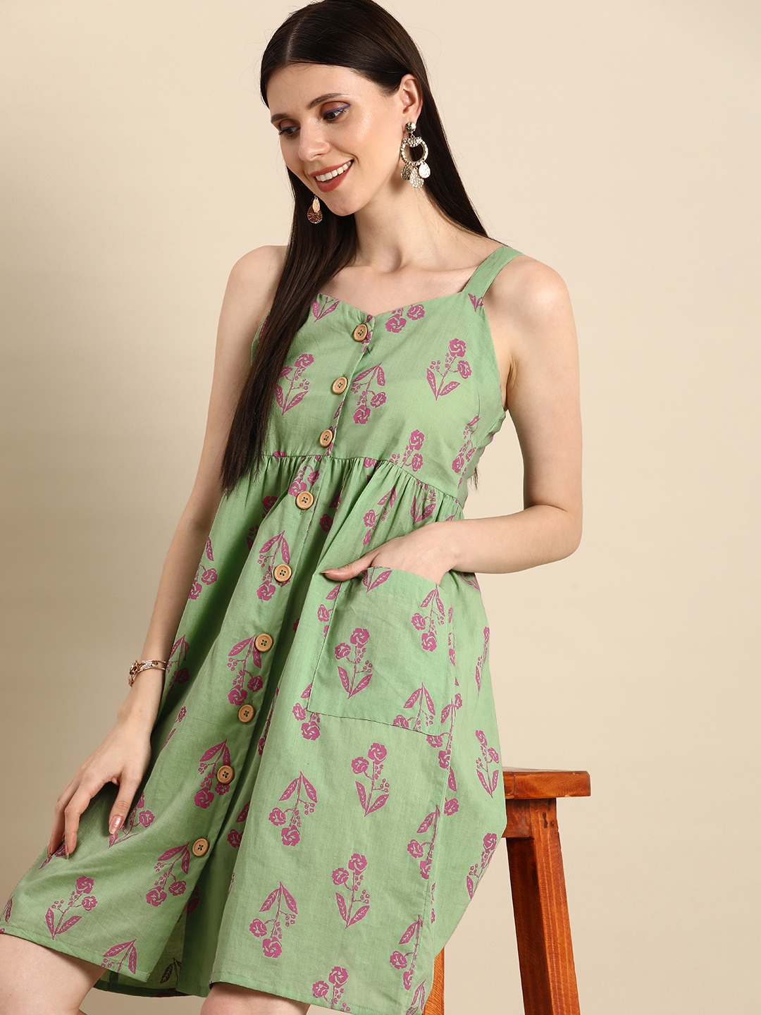 Buy Anouk Women Green And Pink Floral Printed Pure Cotton Ethnic Empire