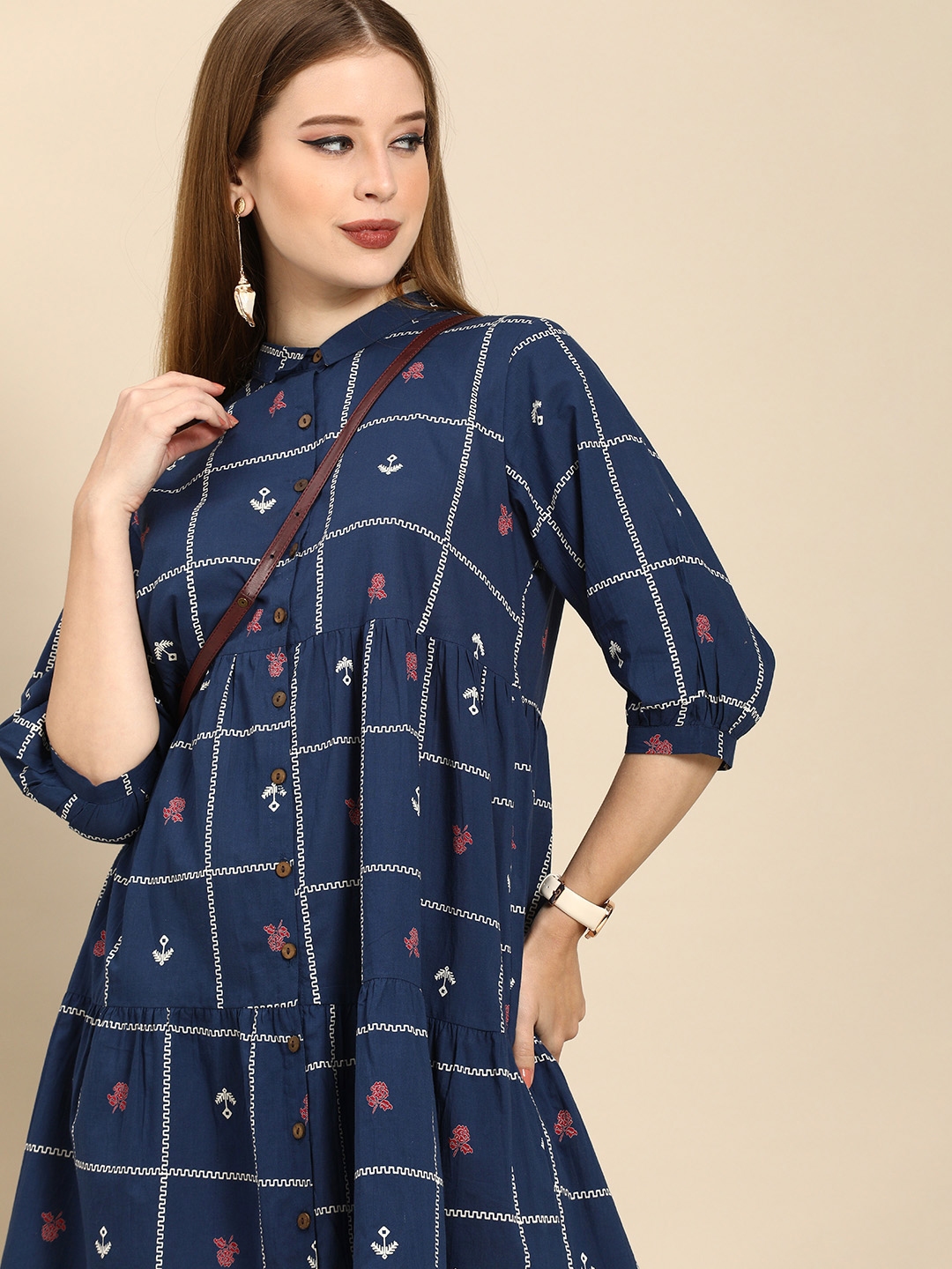 Buy Anouk Navy Blue And White Checked Tiered Pure Cotton Ethnic Shirt