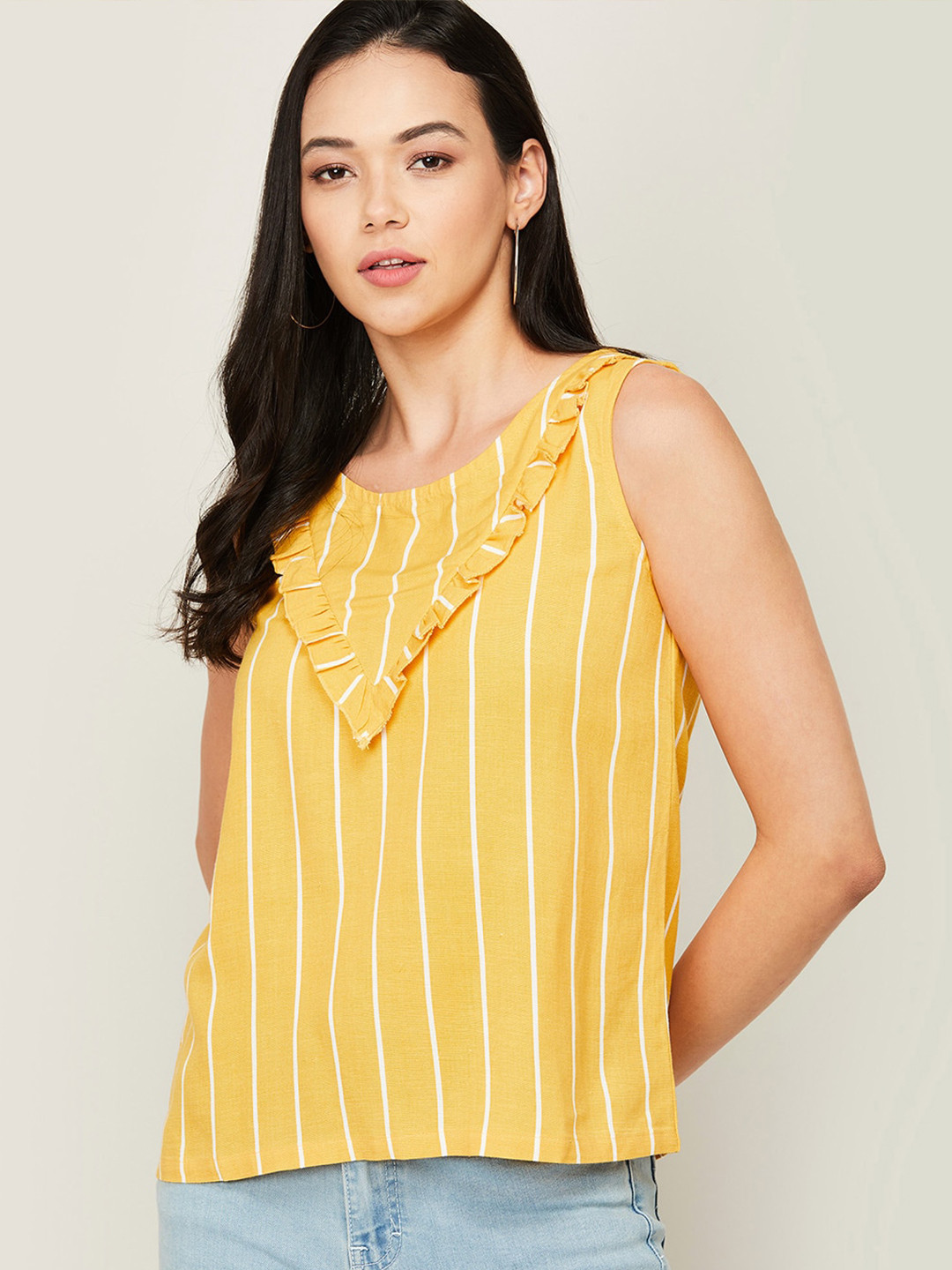 Buy Bossini Mustard Yellow & White Striped Round Neck Regular Top ...
