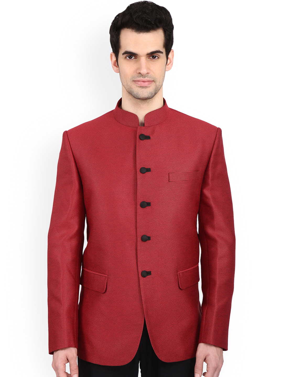 Buy Indian Attire Maroon Patterned Jute Single Breasted Regular Fit ...