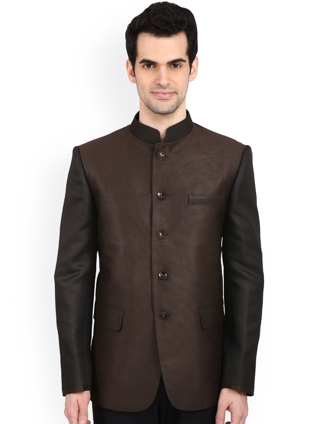 Buy Indian Attire Brown & Black Patterned Jute Single Breasted Blazer ...