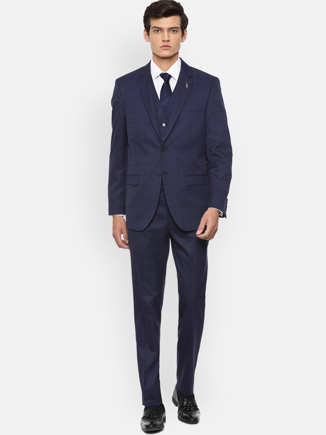 Buy Van Heusen Men Navy Blue Checked Slim Fit Single Breasted 3 Piece ...