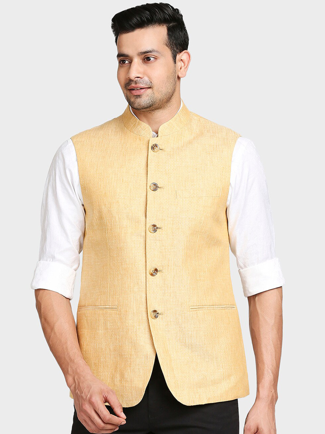 Buy ColorPlus Men Yellow Solid Nehru Jacket - Nehru Jackets for Men ...