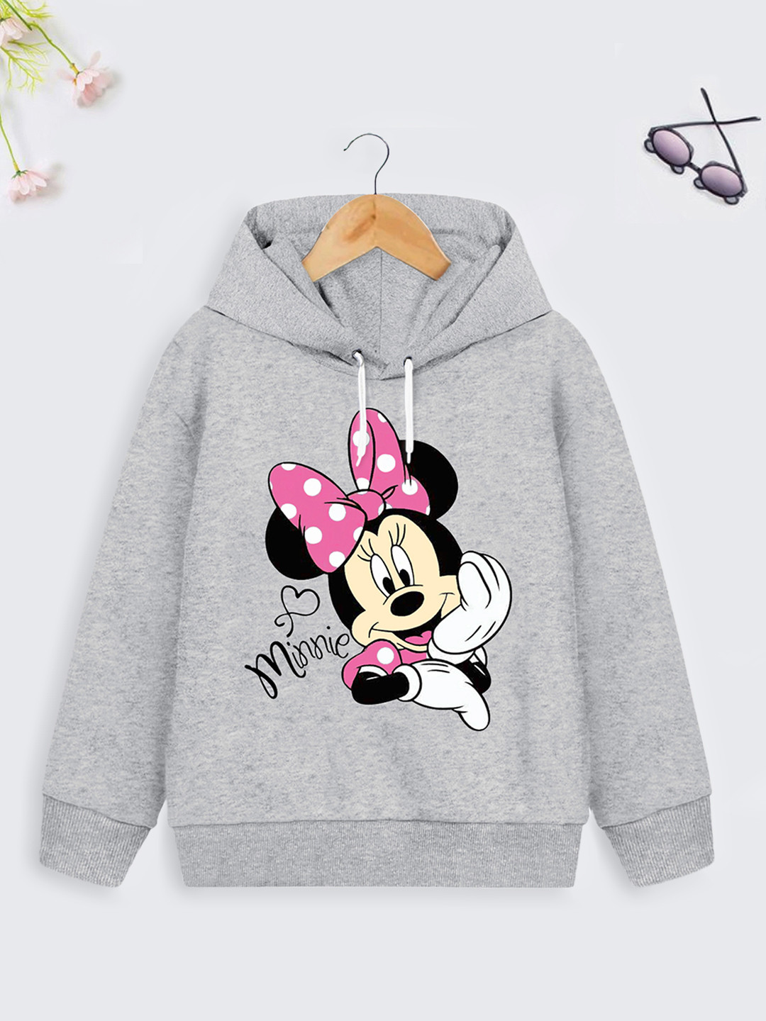 Buy YK Disney Girls Grey Minnie Mouse Printed Hooded Cotton Sweatshirt ...