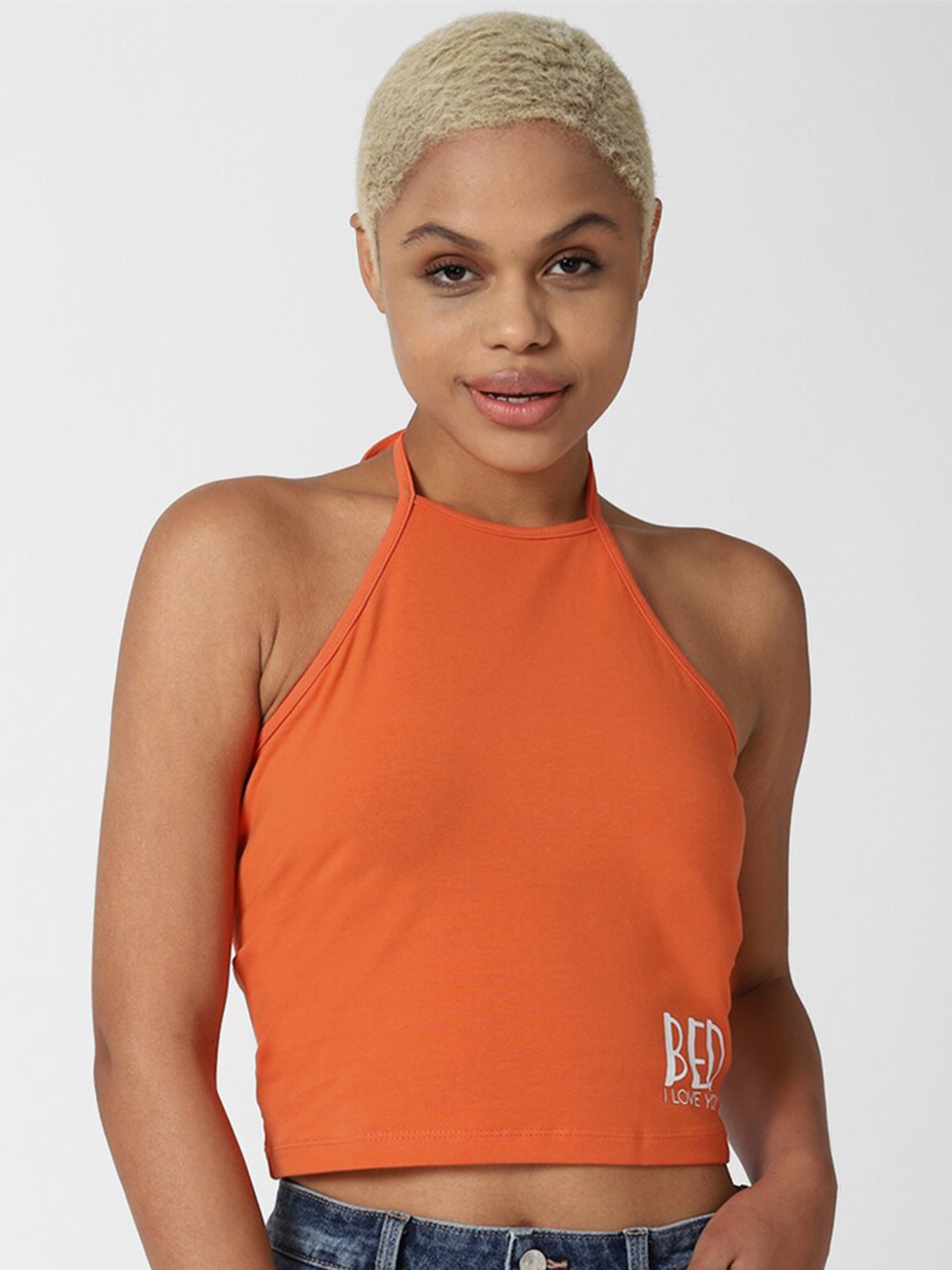 Buy Forever 21 Orange And White Printed Halter Neck Crop Top Tops For