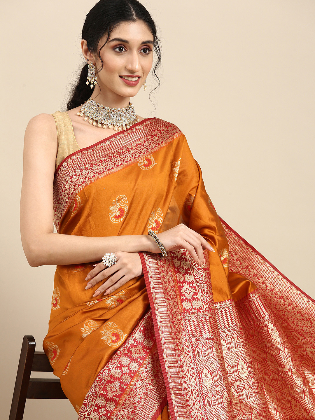 Buy Anouk Orange & Gold Coloured Woven Design Zari Silk Blend Banarasi ...