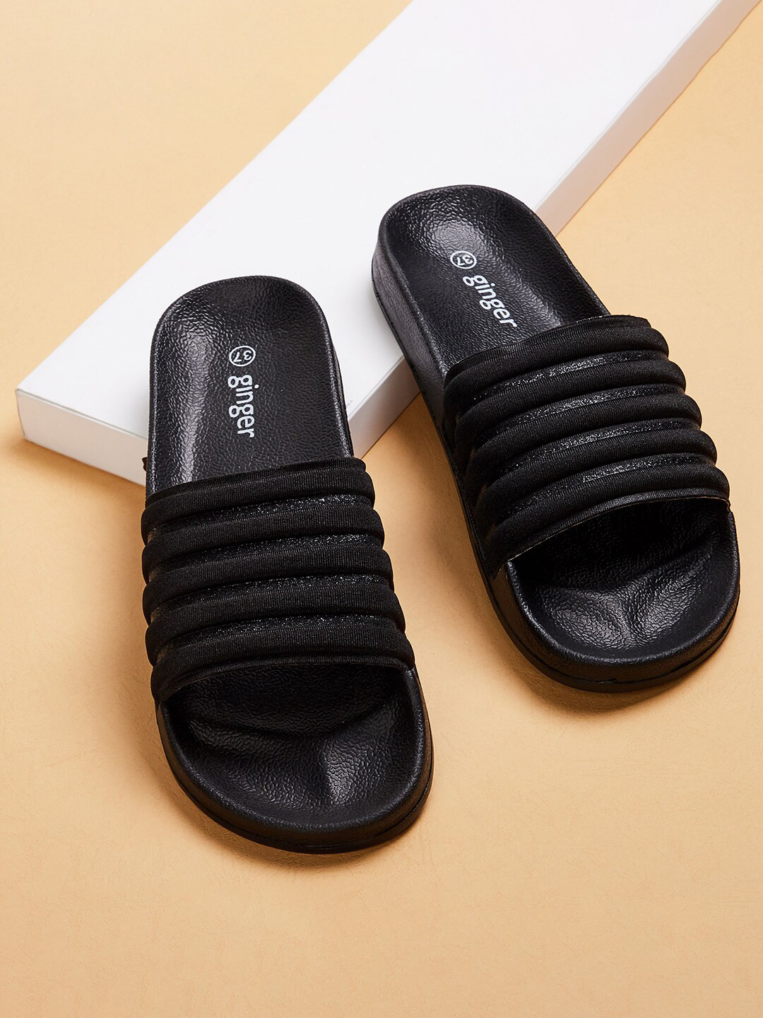 Buy Ginger By Lifestyle Women Black Striped Sliders - Flip Flops for ...