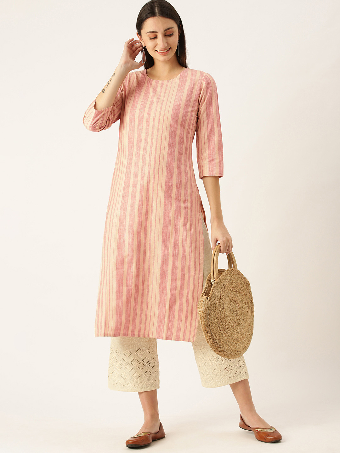 Buy Saanjh Pink Striped Kurti - Kurtis for Women 16260332 | Myntra