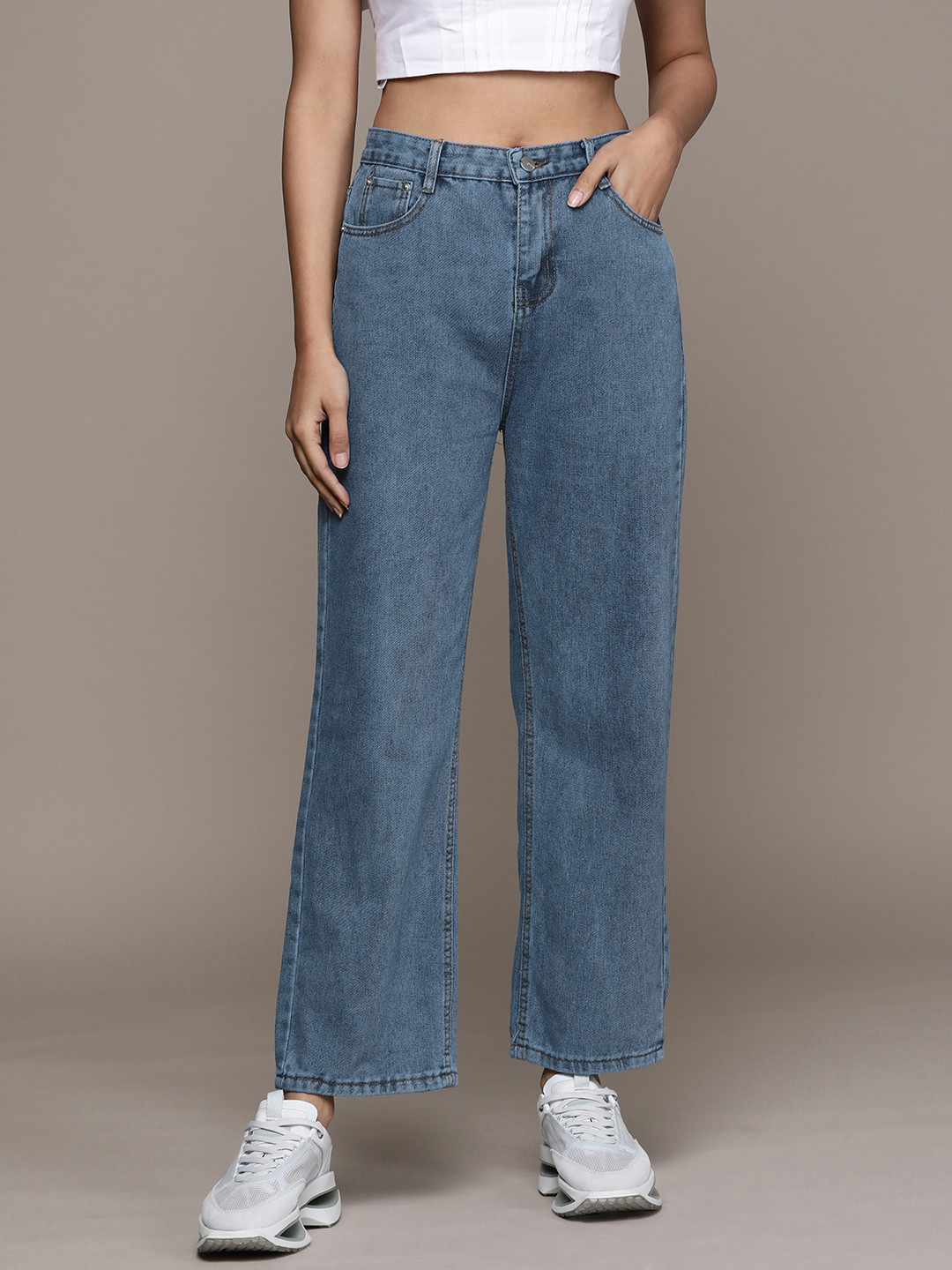 Buy URBANIC Women Blue Pure Cotton Straight Fit Stretchable Jeans ...