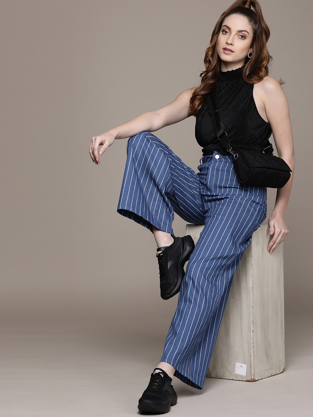 Buy URBANIC Women Blue Striped Pure Cotton Wide Leg High Rise Jeans ...