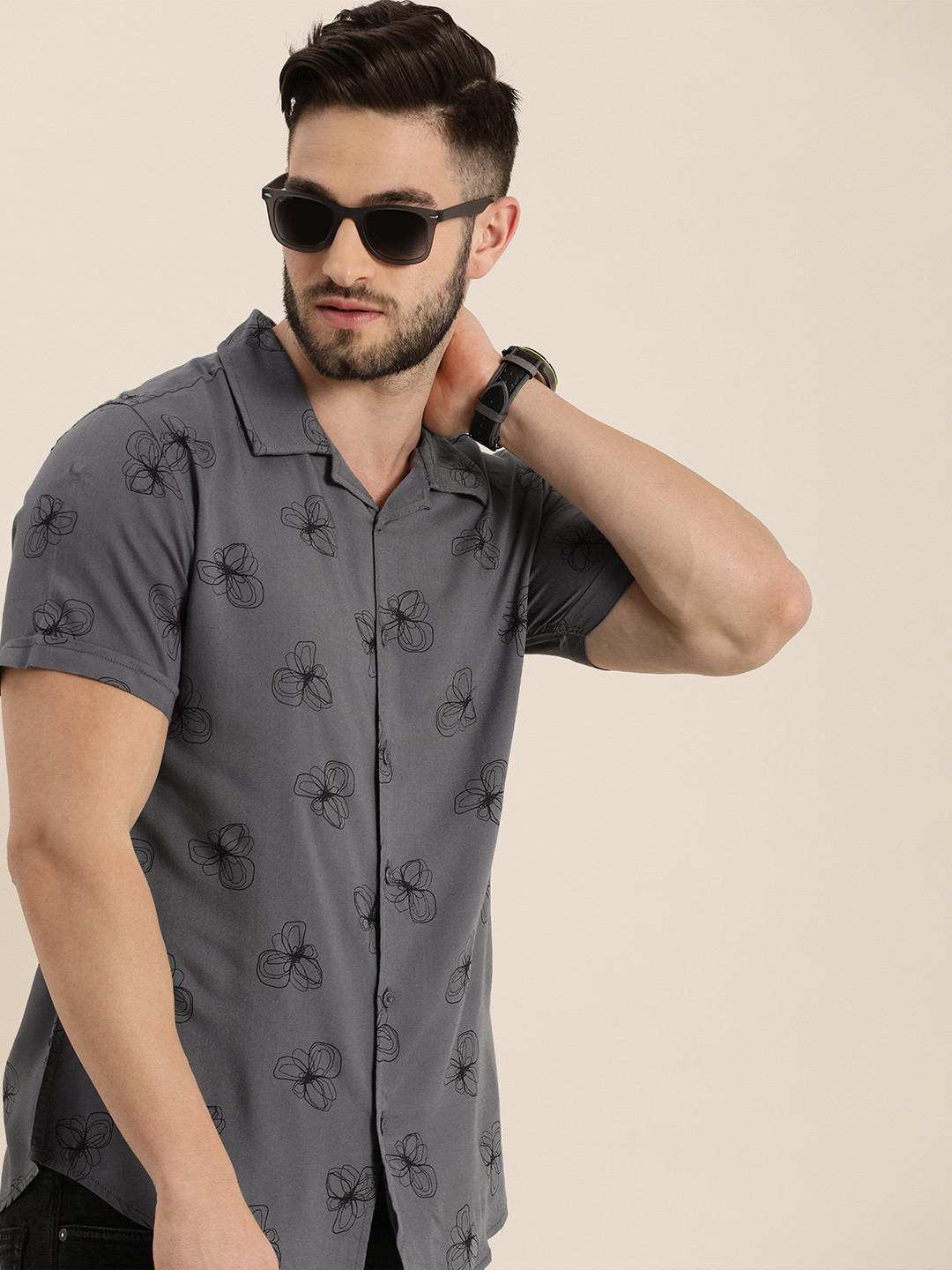 Buy Moda Rapido Men Grey & Black Slim Fit Floral Printed Casual Shirt ...