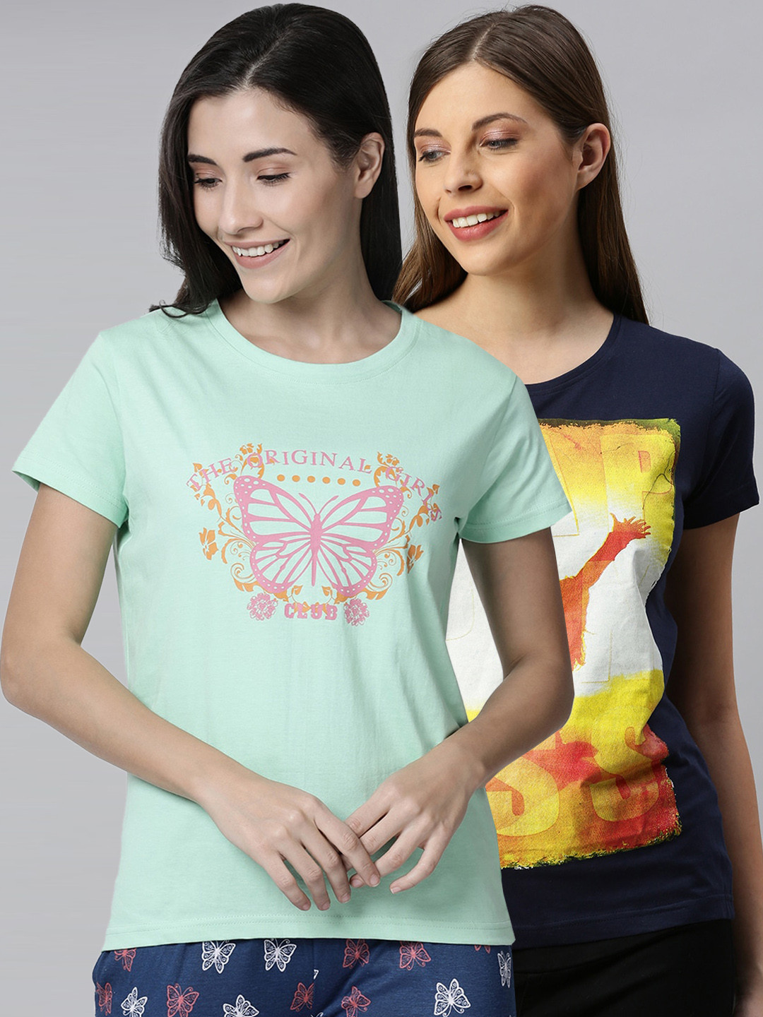 Buy Kryptic Women Pack Of 2 Printed Pure Cotton Lounge T Shirts ...