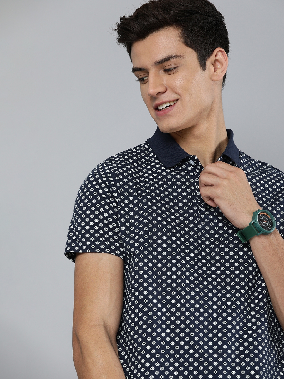 Buy Mast And Harbour Men Navy Blue And White Printed Polo Collar Indigo