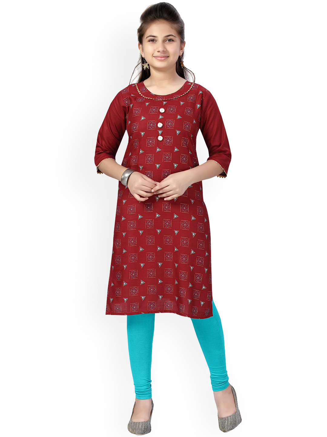 Buy Aarika Girls Maroon & Blue Floral Printed Pure Cotton Kurta ...