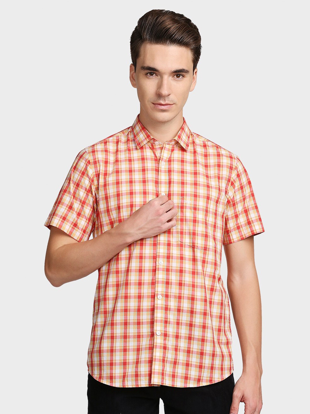Buy ColorPlus Men Orange & White Tailored Fit Cotton Opaque Checked ...