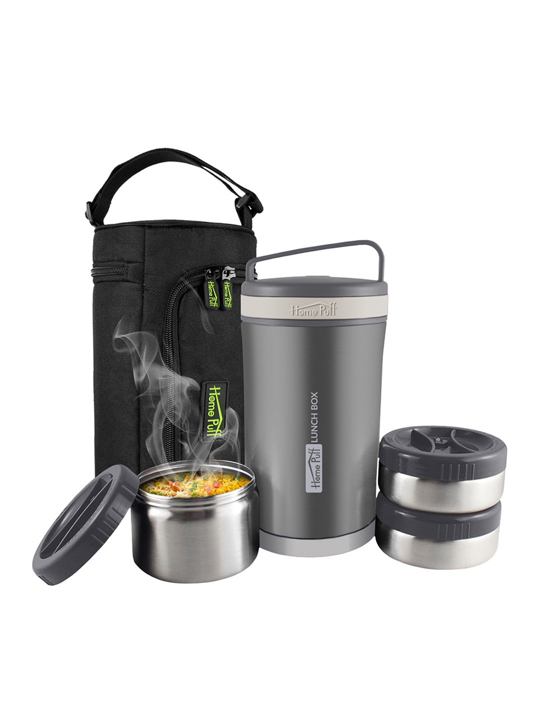 Buy Home Puff Grey & Silver Toned Solid Insulated Stainless Steel Lunch ...