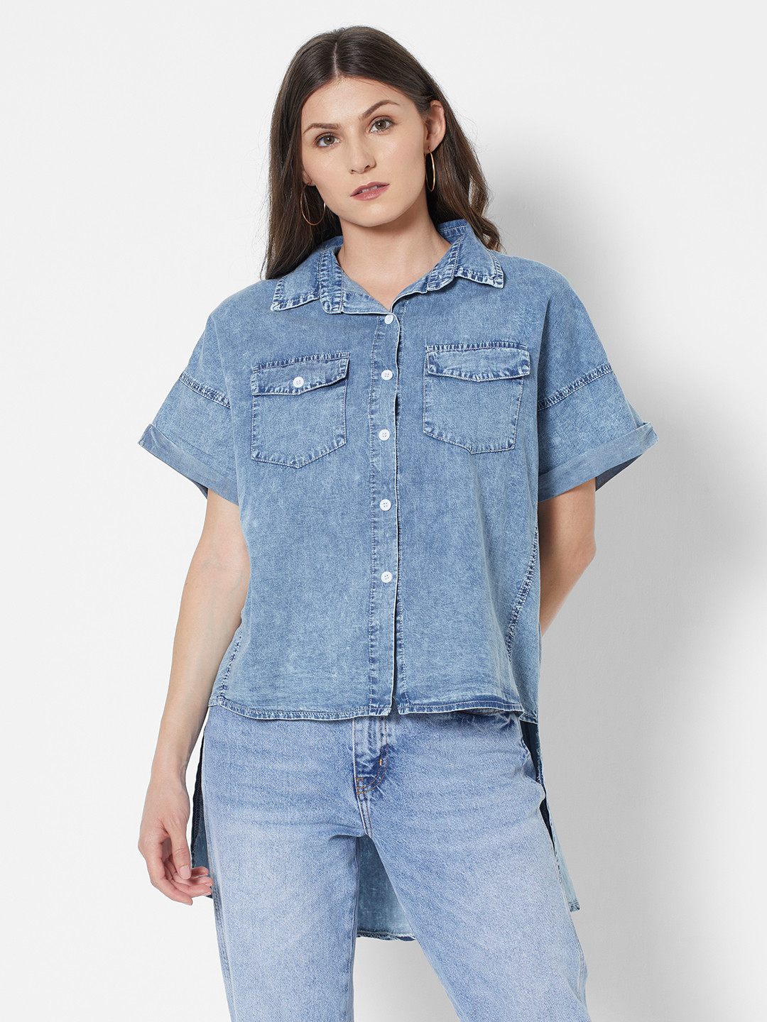 Buy URBANIC Women Blue Indigo Denim Shirt Style Pure Cotton High Low ...