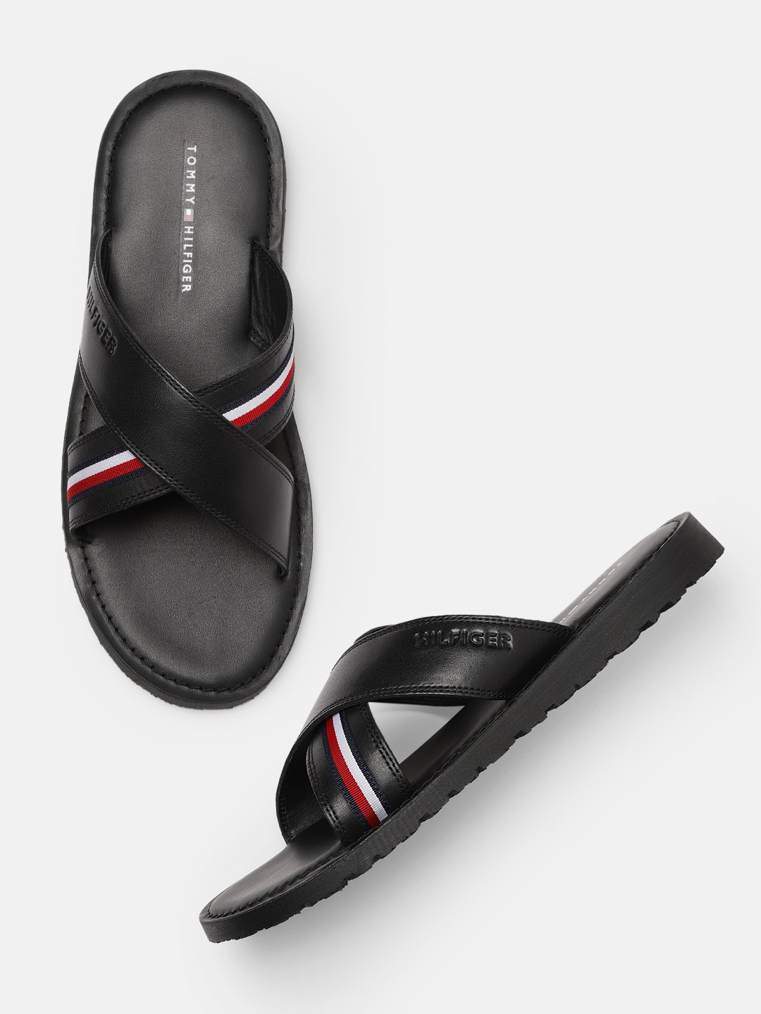 Buy Tommy Hilfiger Men Black Leather Criss Cross Comfort Sandals ...