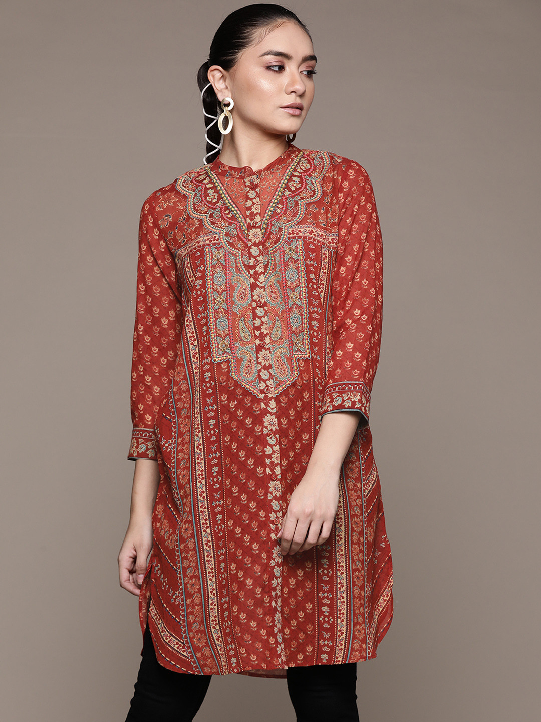 Buy Ritu Kumar Women Rust Orange & Beige Ethnic Motifs Printed Thread Work Floral Kurta - Kurtas ...