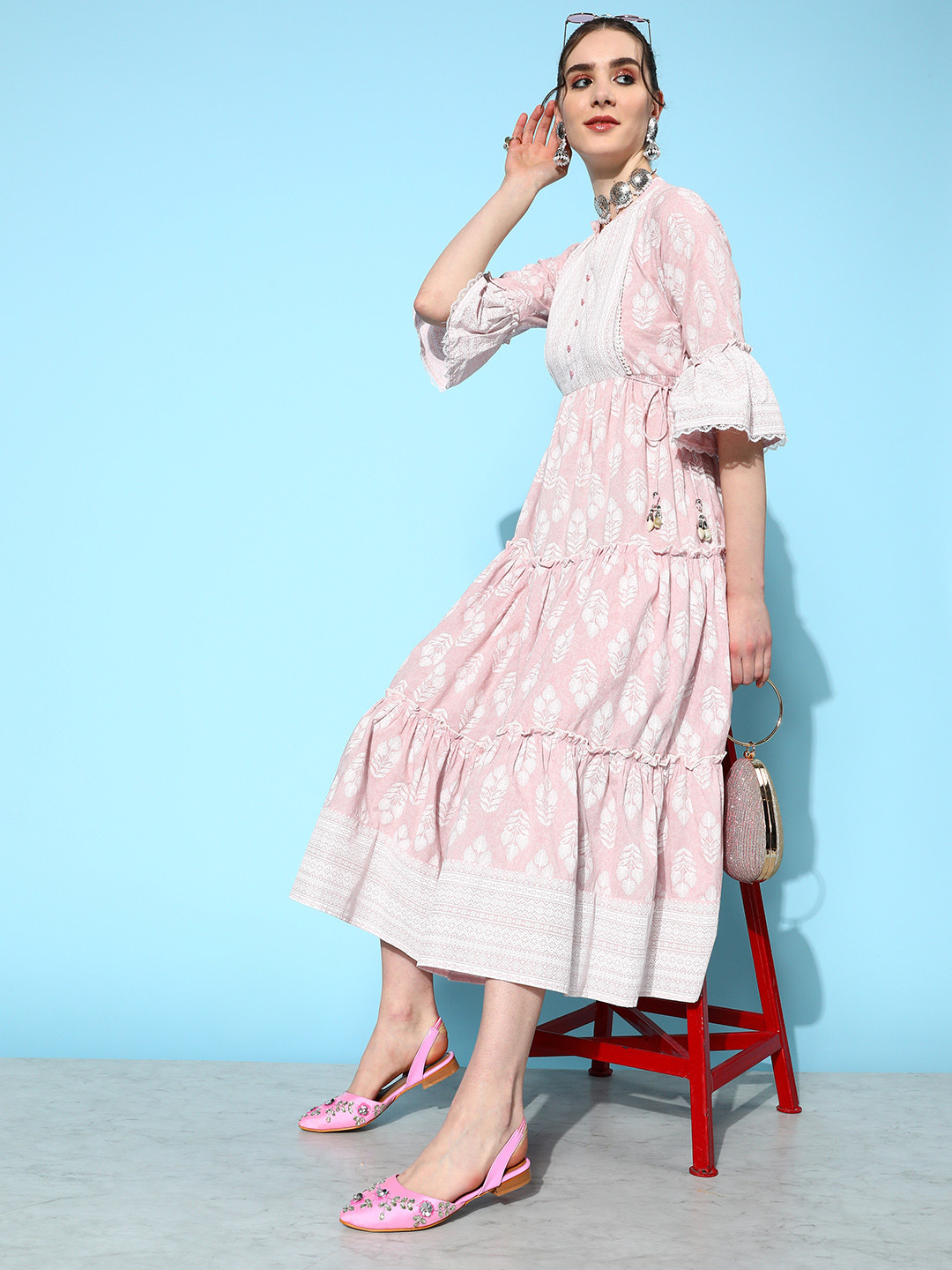 Buy Juniper Ethnic Motifs Printed Lace Inserts Detail Tiered Midi Fit ...